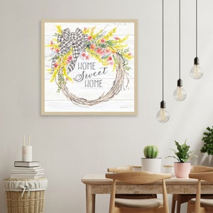 Home Sweet Home Spring Flower Wreath Wall Art Print, Rustic Farmhouse ...
