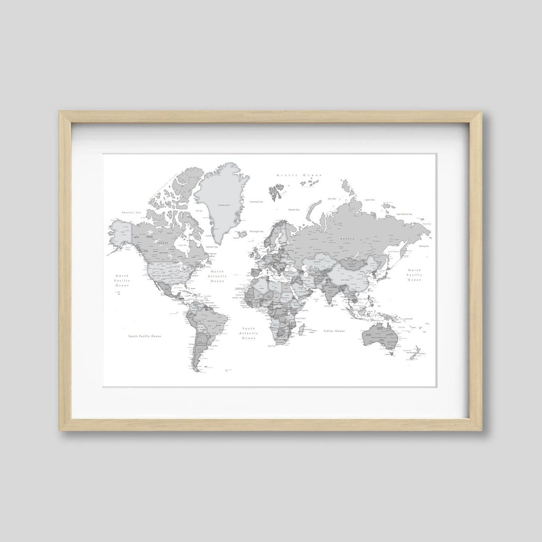 Gray World Map Detailed Grayscale World Atlas Wall Print - Etsy