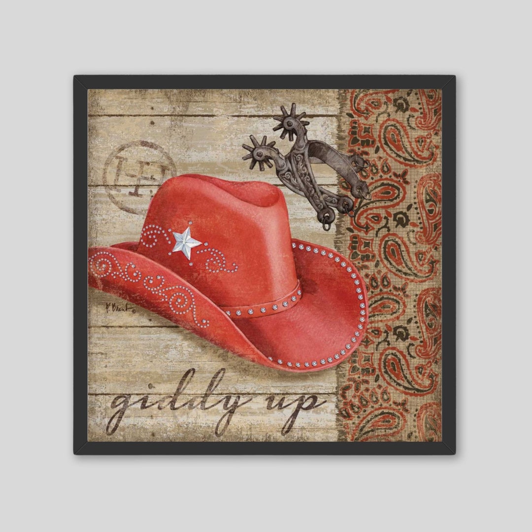 Giddy up Red Cowboy Hat and Spurs Illustration Print, Western Texas ...
