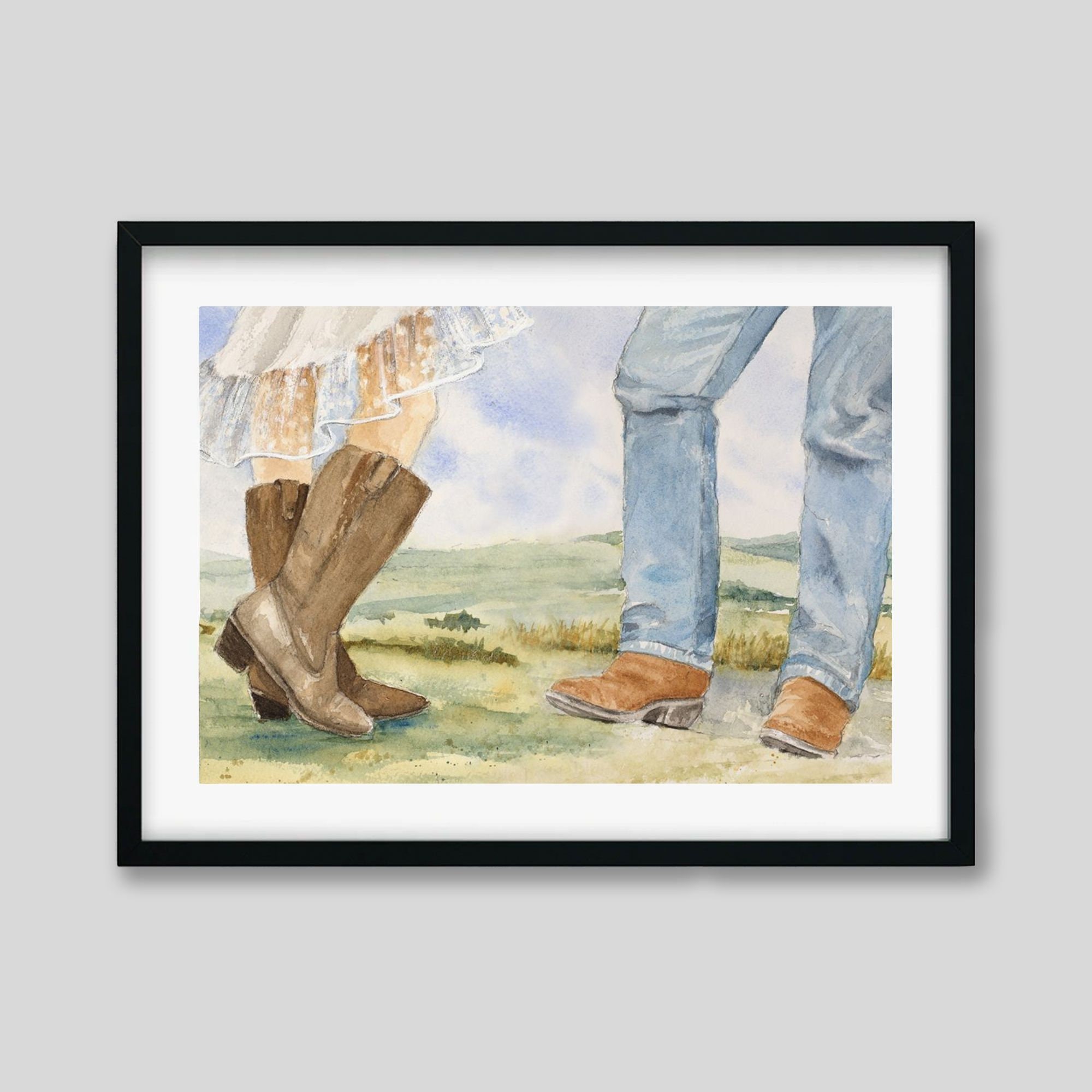 Western Couple Watercolor Illustration Painting Print, Cowboy Boots ...