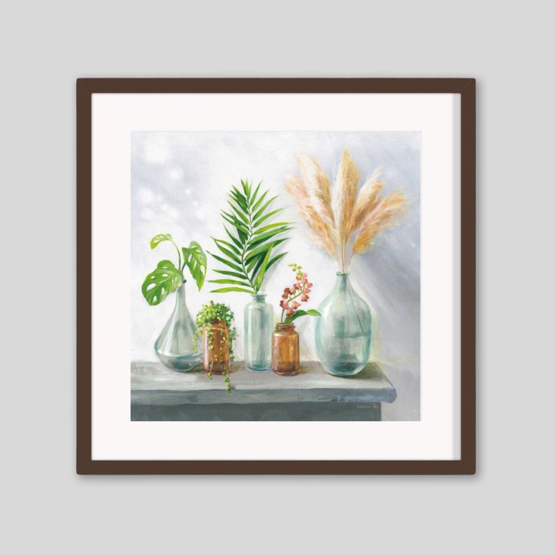 Green Plant in Jar Collection Greenhouse Painting Print, Farmhouse ...