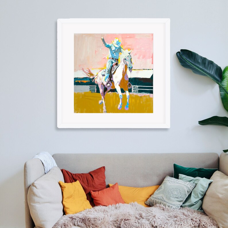 Colorful Cowboy and Horse Modern Western Abstract Painting Print ...