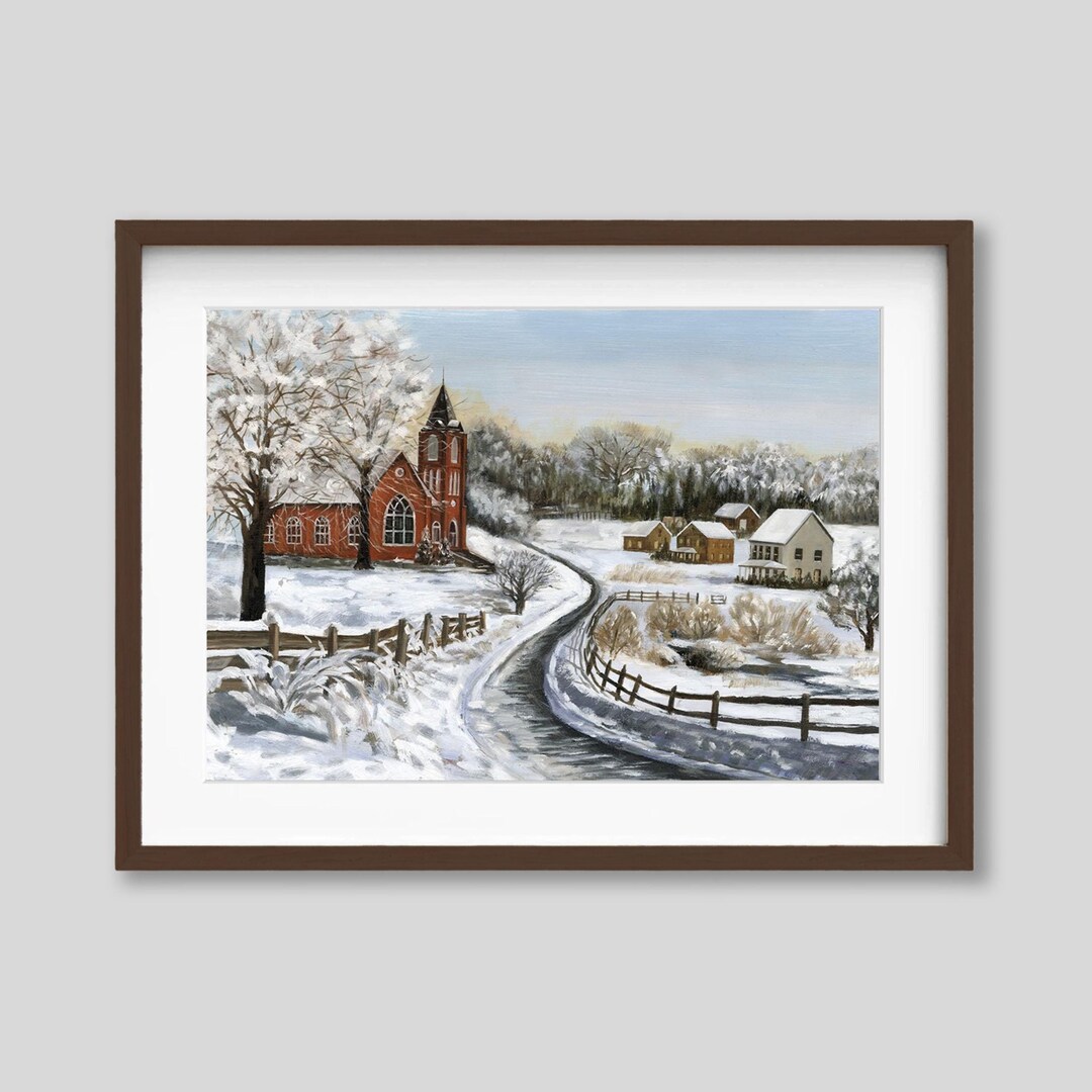 Countryside Village in Winter Country Road Snow Scene Art Print ...