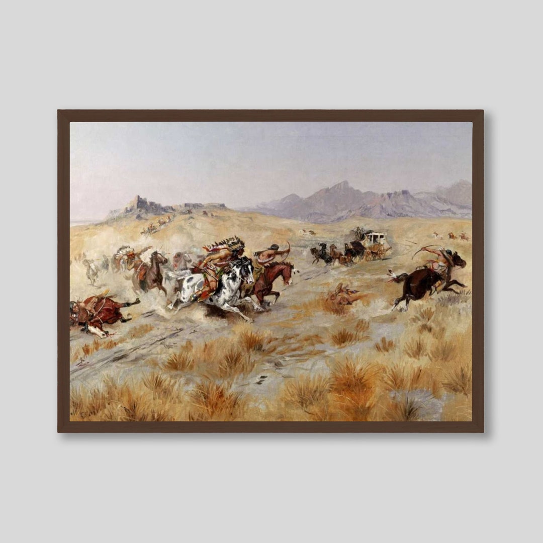 Painting of Native American Attack on Prairie Landscape, American Old ...