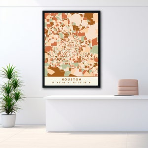 Houston City Map With Coordinates Wall Print, Earth Tones USA City Map ...