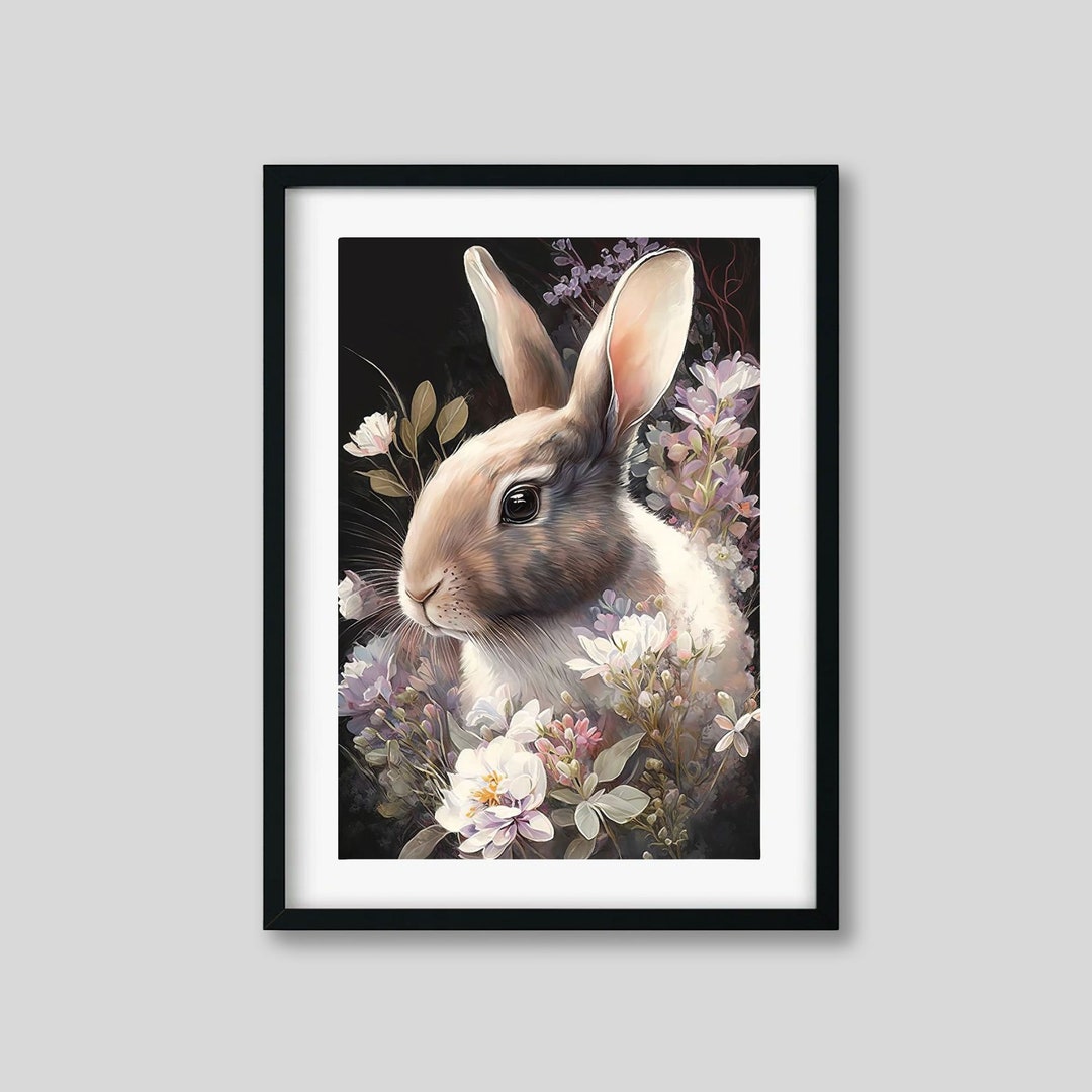 Cute Bunny Portrait and Spring Flowers Art Print, Country Wildflower ...