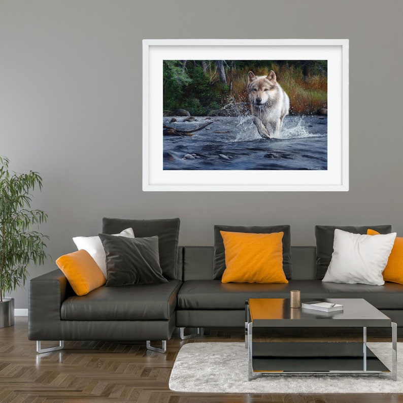 Wolf Running Through the River Painting Print, Wild Animal Wall Art ...