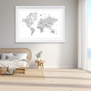 Gray World Map Detailed Grayscale World Atlas Wall Print - Etsy