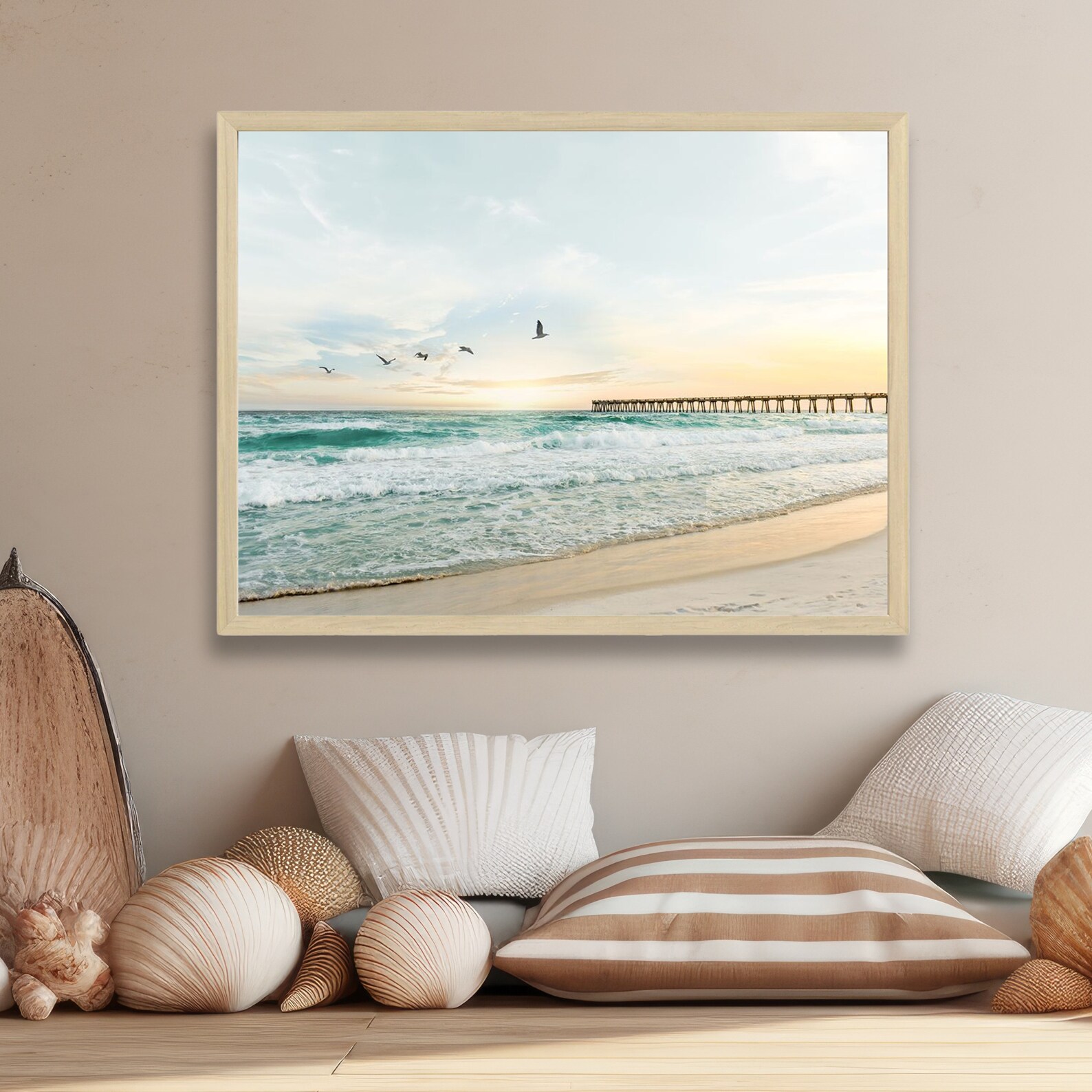 Sunset Pier Beach and Birds Photography Print, Minimalist Coastal Wall ...