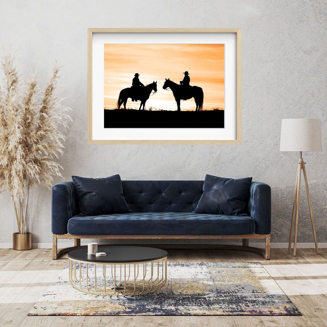 Cowboy Partners on Horseback Sunset Silhouette, Western Cowboys ...