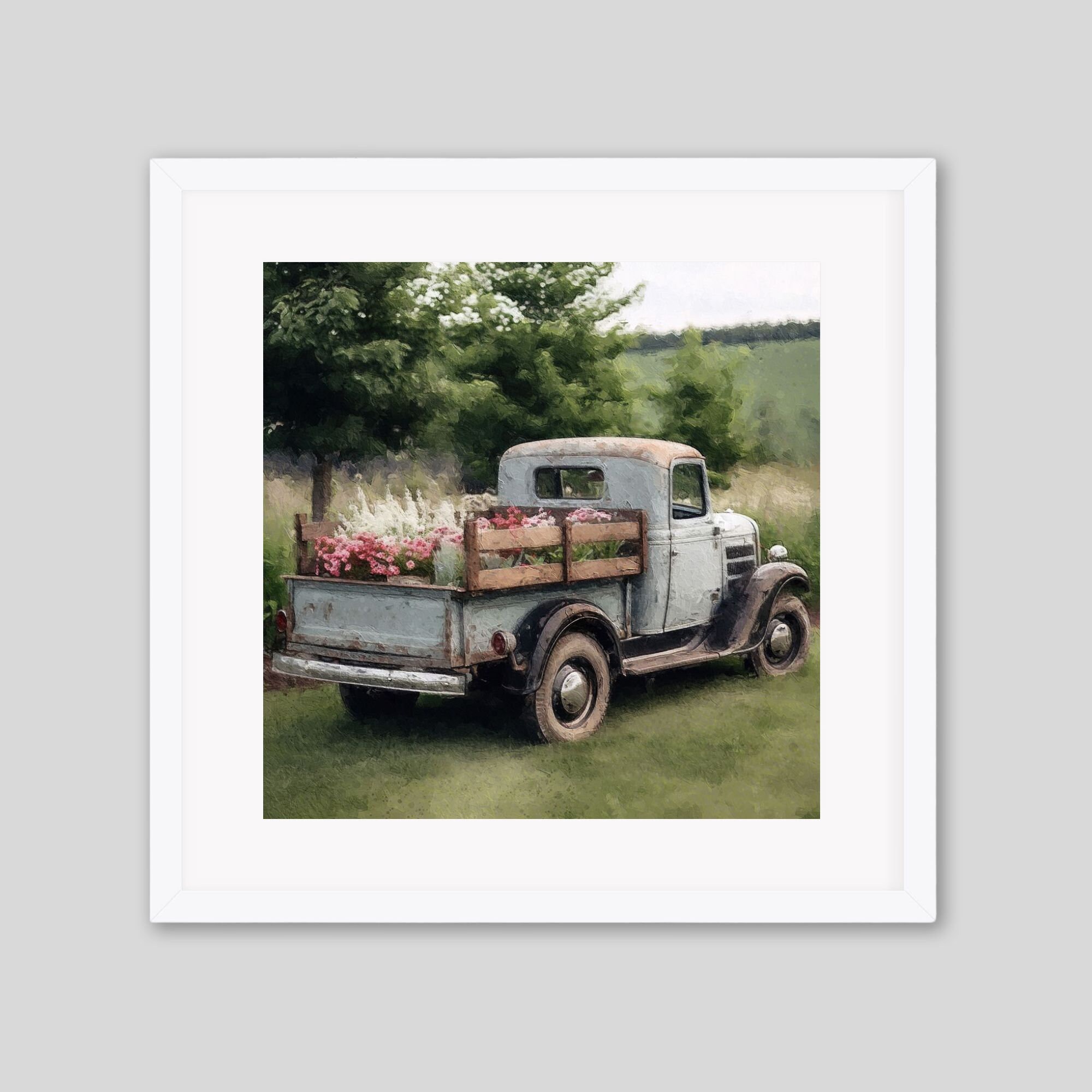 Rustic Country Flower Truck Painting Print, Classic Farmhouse Truck Art ...