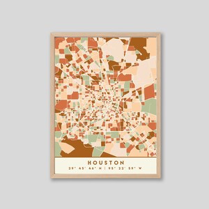 Houston City Map With Coordinates Wall Print, Earth Tones USA City Map ...