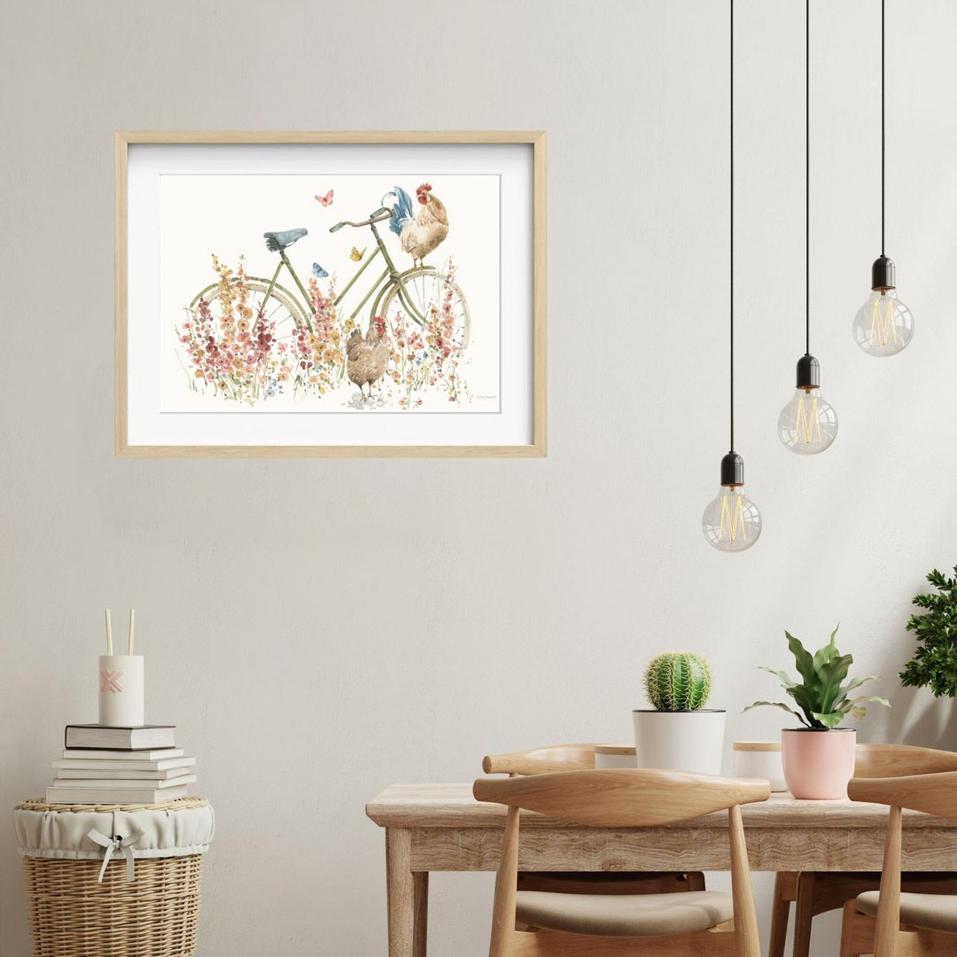 Country Wall Decor, Bicycle Wall Art Print, Chickens, Flowers and Bike ...