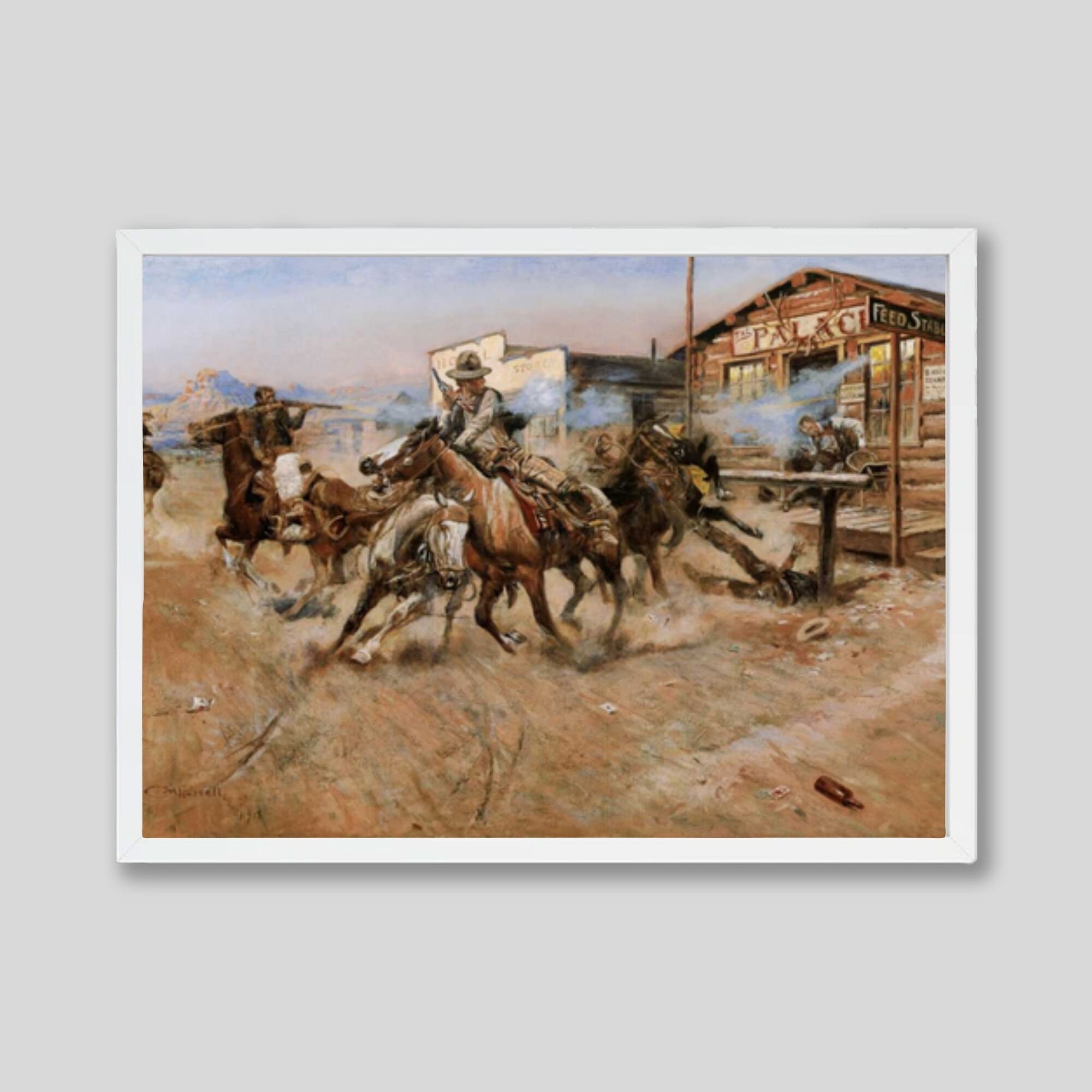 Western Cowboy Gunfight Scene Painting Print, Ranch Style Artwork Horse ...