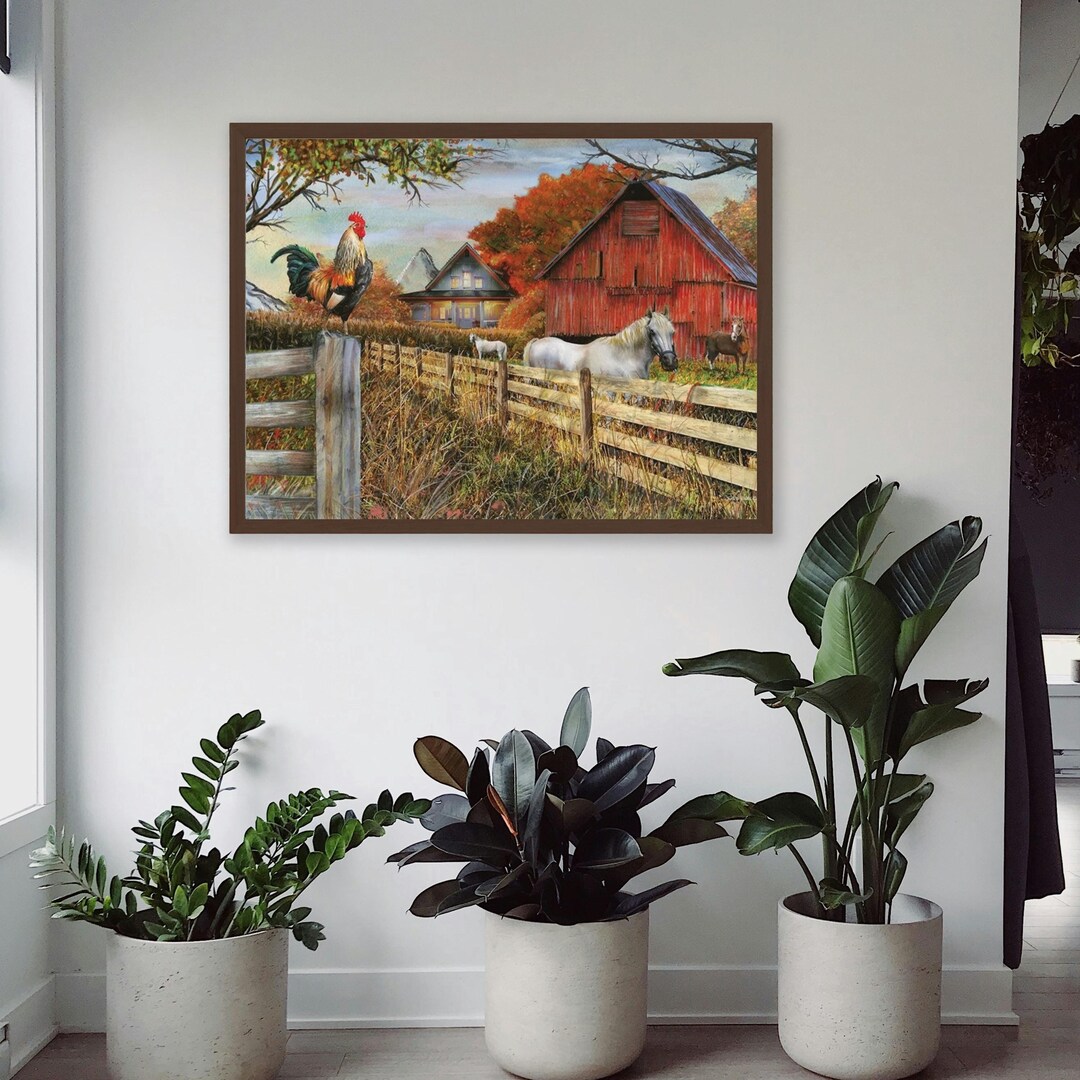 Barnyard Farm Animals Country Scene Painting Print, Farm Life Rustic ...