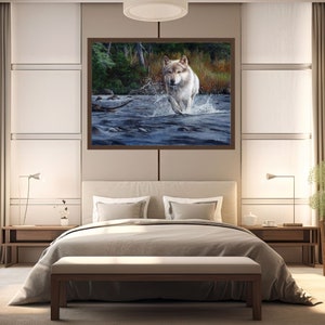 Wolf Running Through the River Painting Print, Wild Animal Wall Art ...