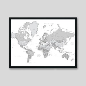 Gray World Map Detailed Grayscale World Atlas Wall Print - Etsy
