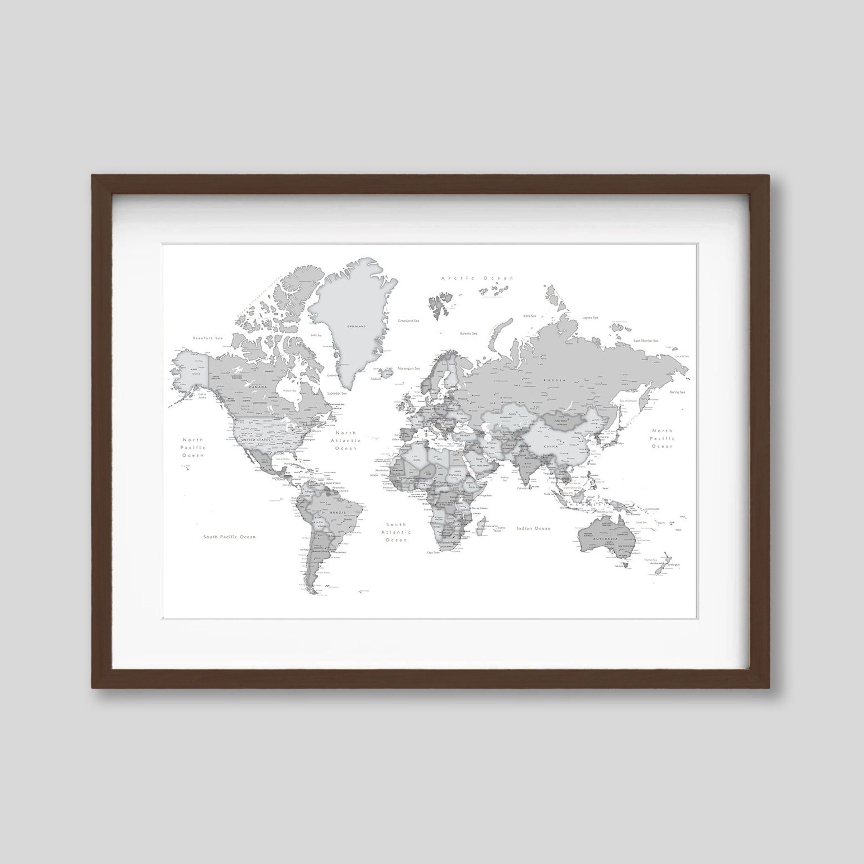 Gray World Map Detailed Grayscale World Atlas Wall Print - Etsy