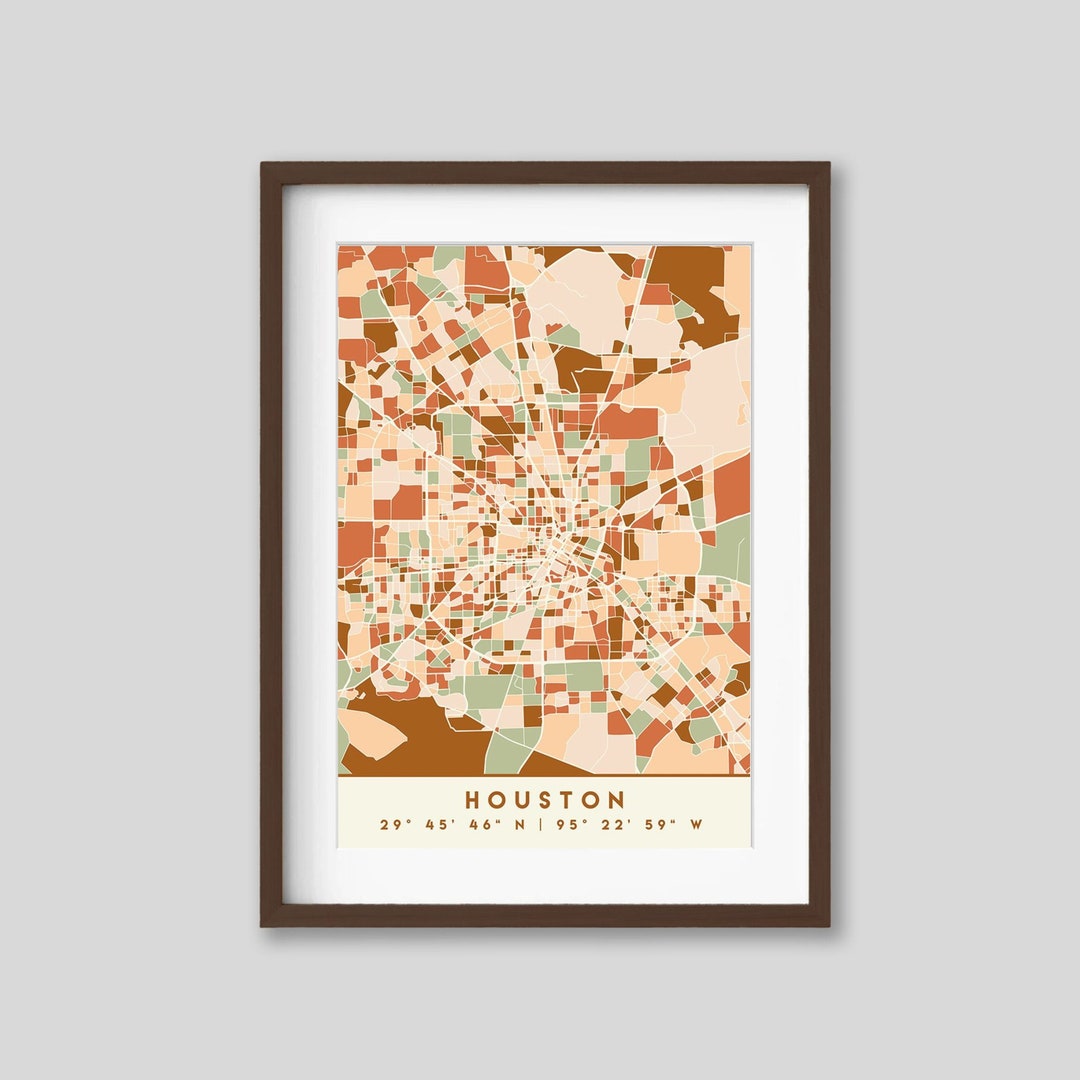 Houston City Map With Coordinates Wall Print, Earth Tones USA City Map ...