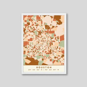 Houston City Map With Coordinates Wall Print, Earth Tones USA City Map ...
