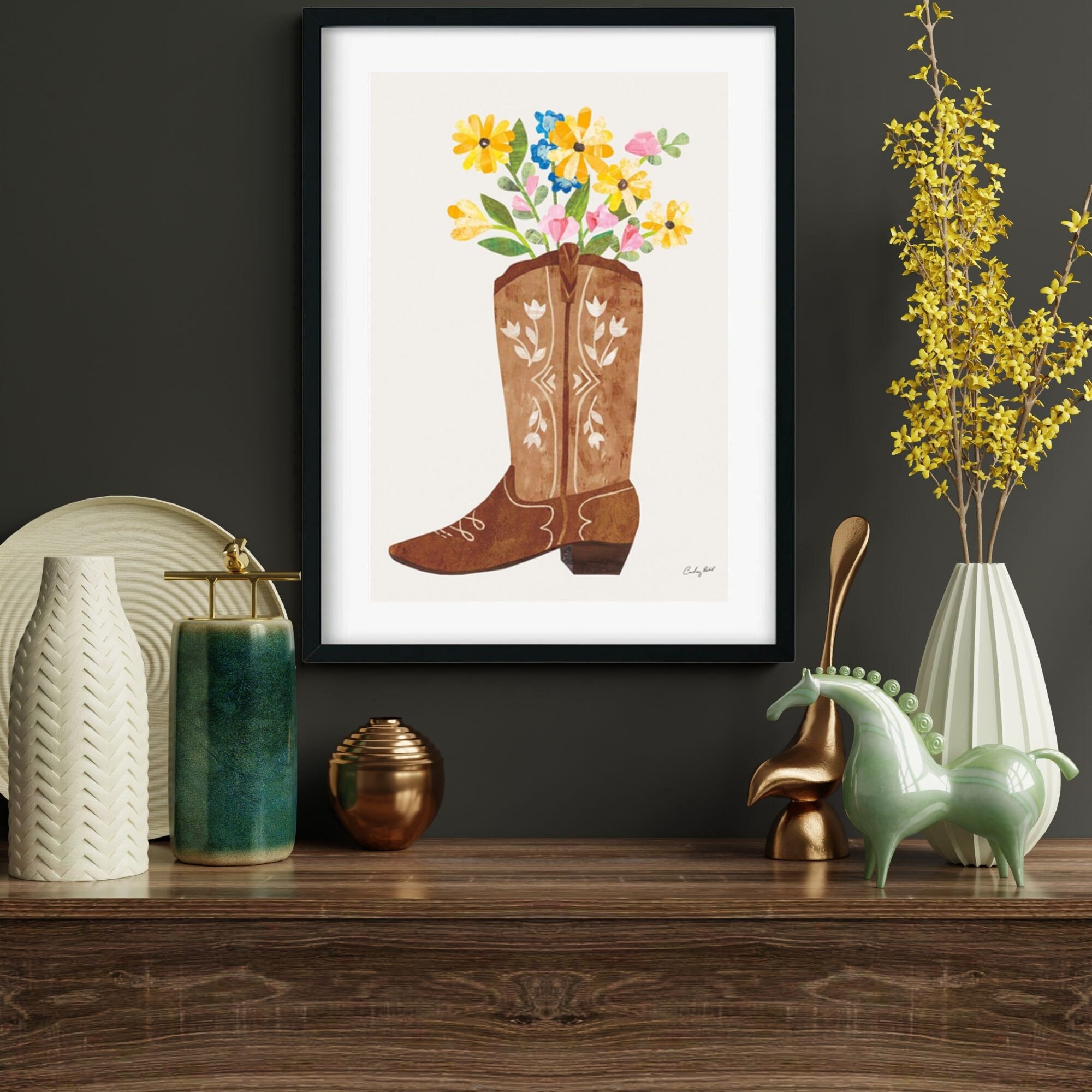 Western Boot Wall Art Print Cowgirl Boot and Flowers Framed - Etsy
