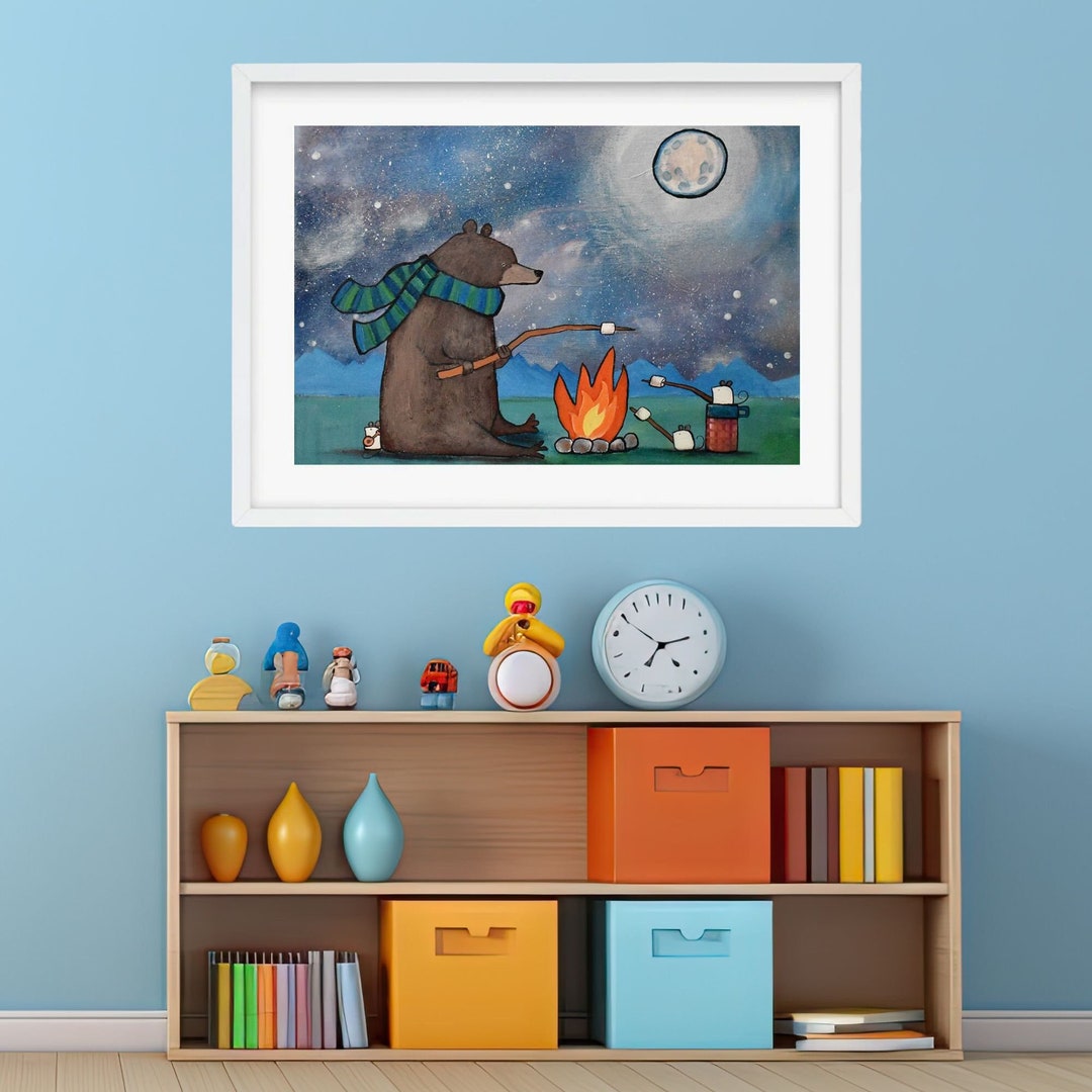 Campfire Bear and Mice Illustration Painting Print, Wild Animal ...