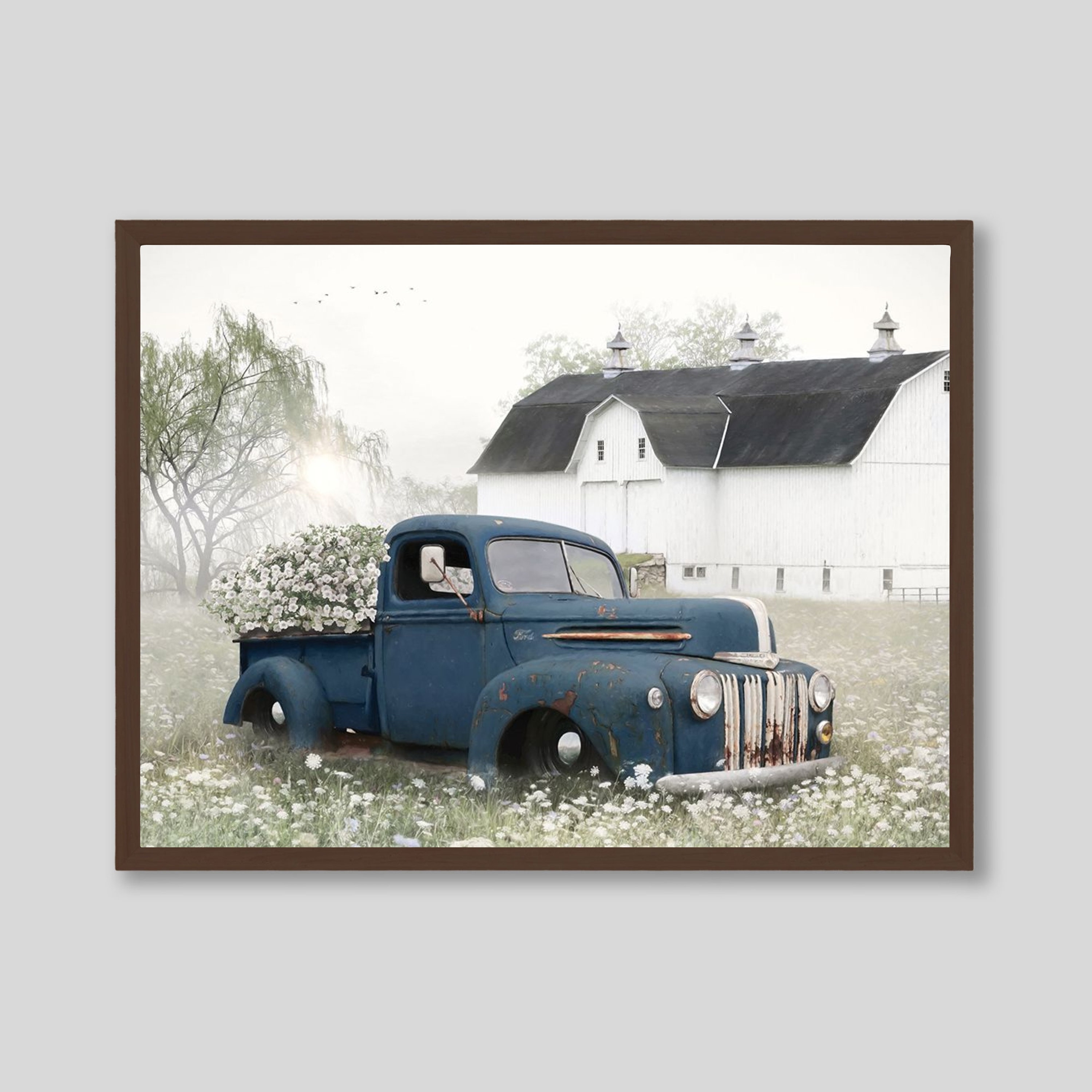 Rustic Country Blue Flower Truck Black and White Farm House Art Print ...