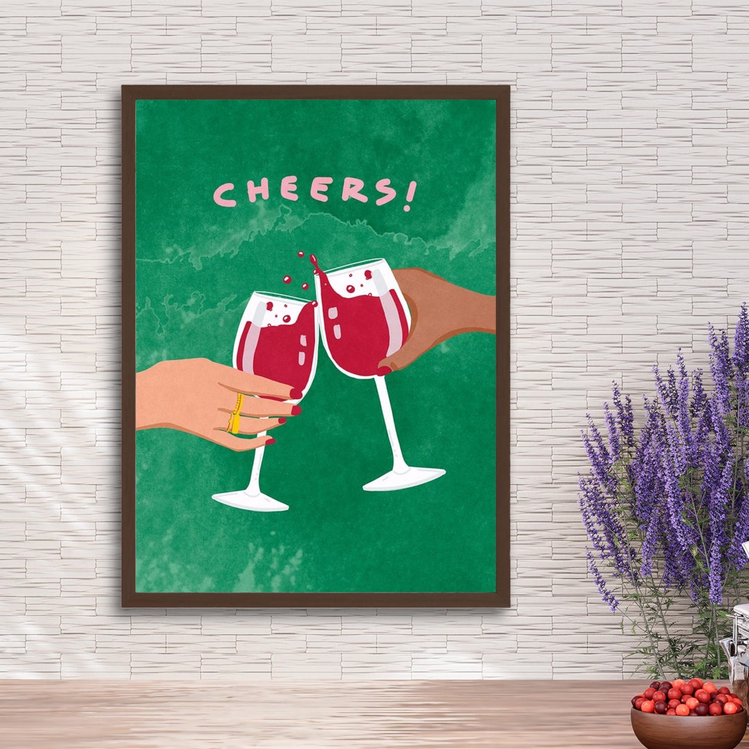 Cheers Wine Party Illustration Art Print, Celebration Bar Cart Decor ...