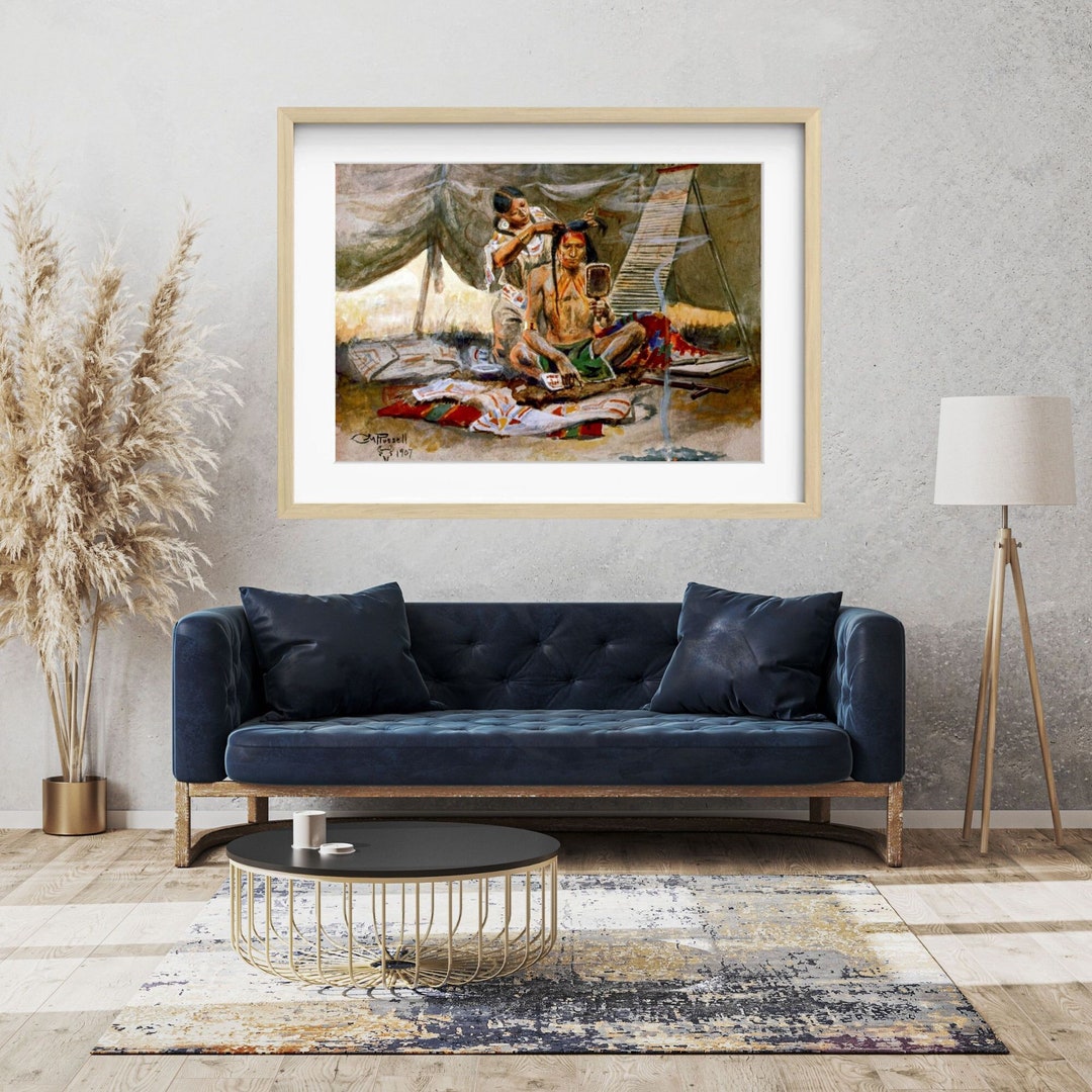 Painting of Native American Indians in Tipi by Charles M Russell, Old ...