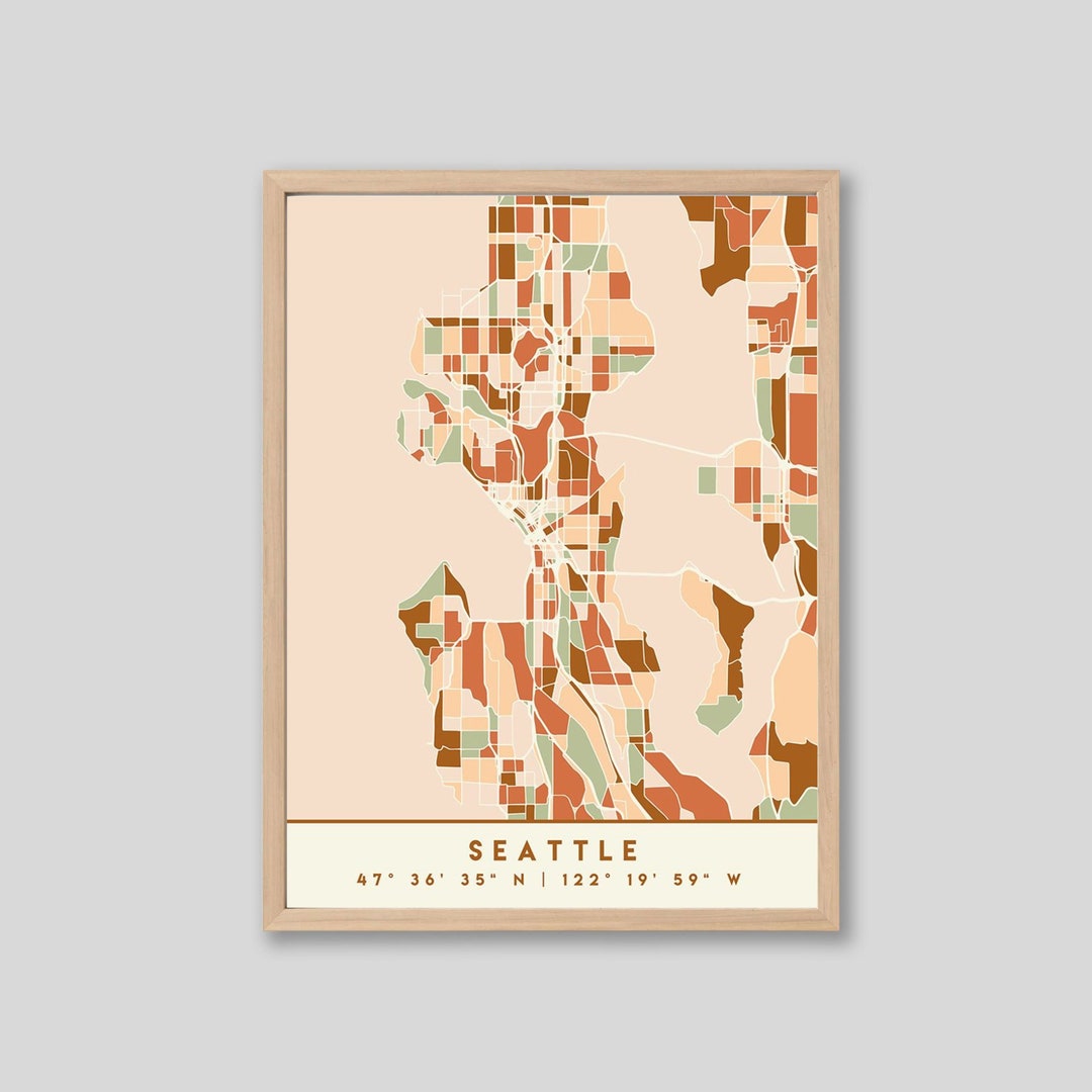 Seattle City Map With Coordinates Wall Print, Earth Tones City Map Wall ...