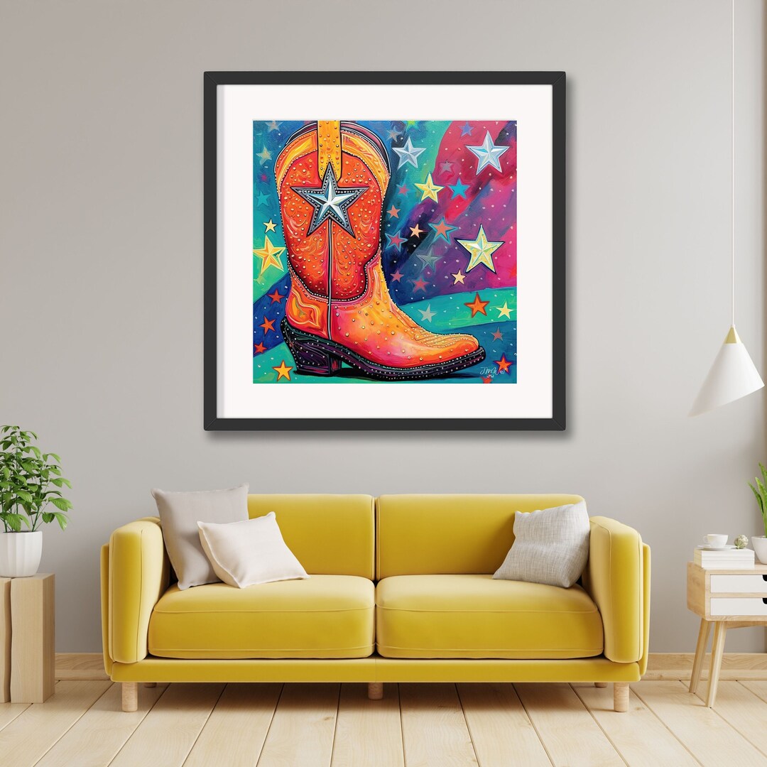 Rodeo Cowboy Boot Art Print: Vibrant Western Star Spangled Wall Decor ...