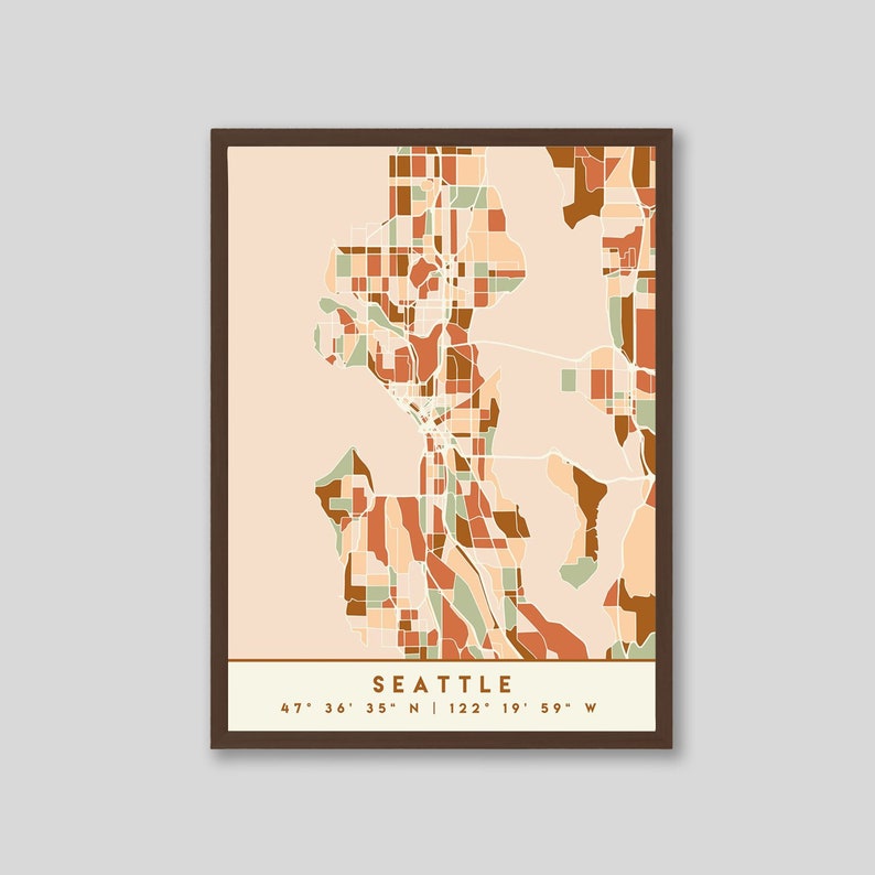 Seattle City Map With Coordinates Wall Print, Earth Tones City Map Wall ...