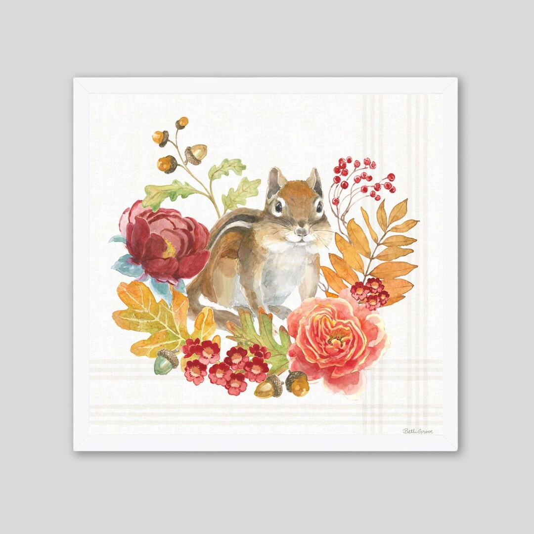 Woodland Chipmunk With Fall Foliage Watercolor Painting, Forest Animal ...