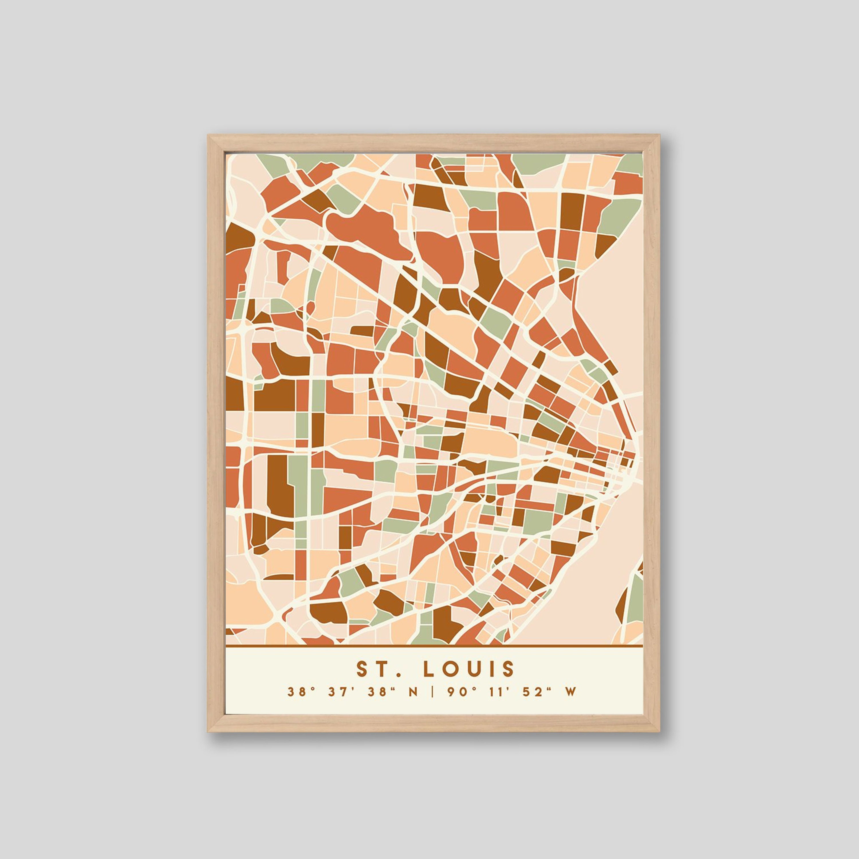 St Louis City Map With Coordinates Wall Print, Earth Tones USA City Map ...