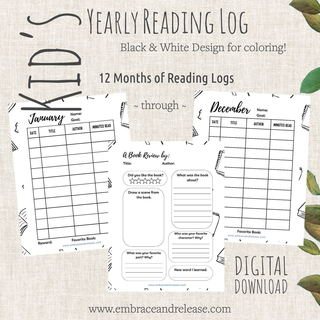 Kid's 12 Month Reading Log | Digital Download - Etsy