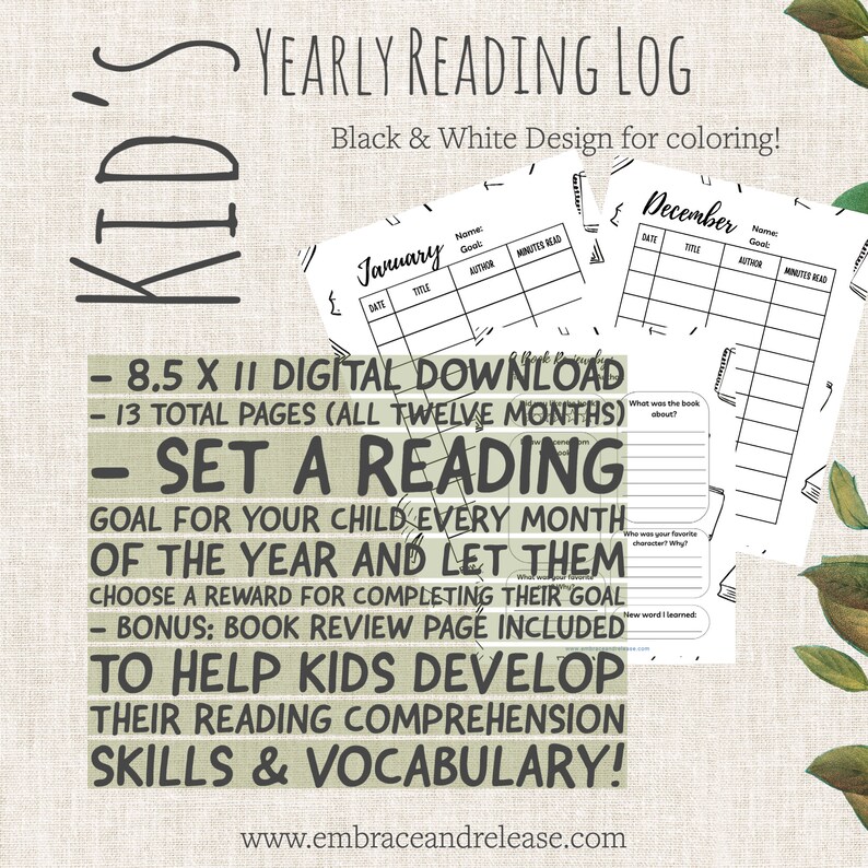 Kid's 12 Month Reading Log | Digital Download - Etsy