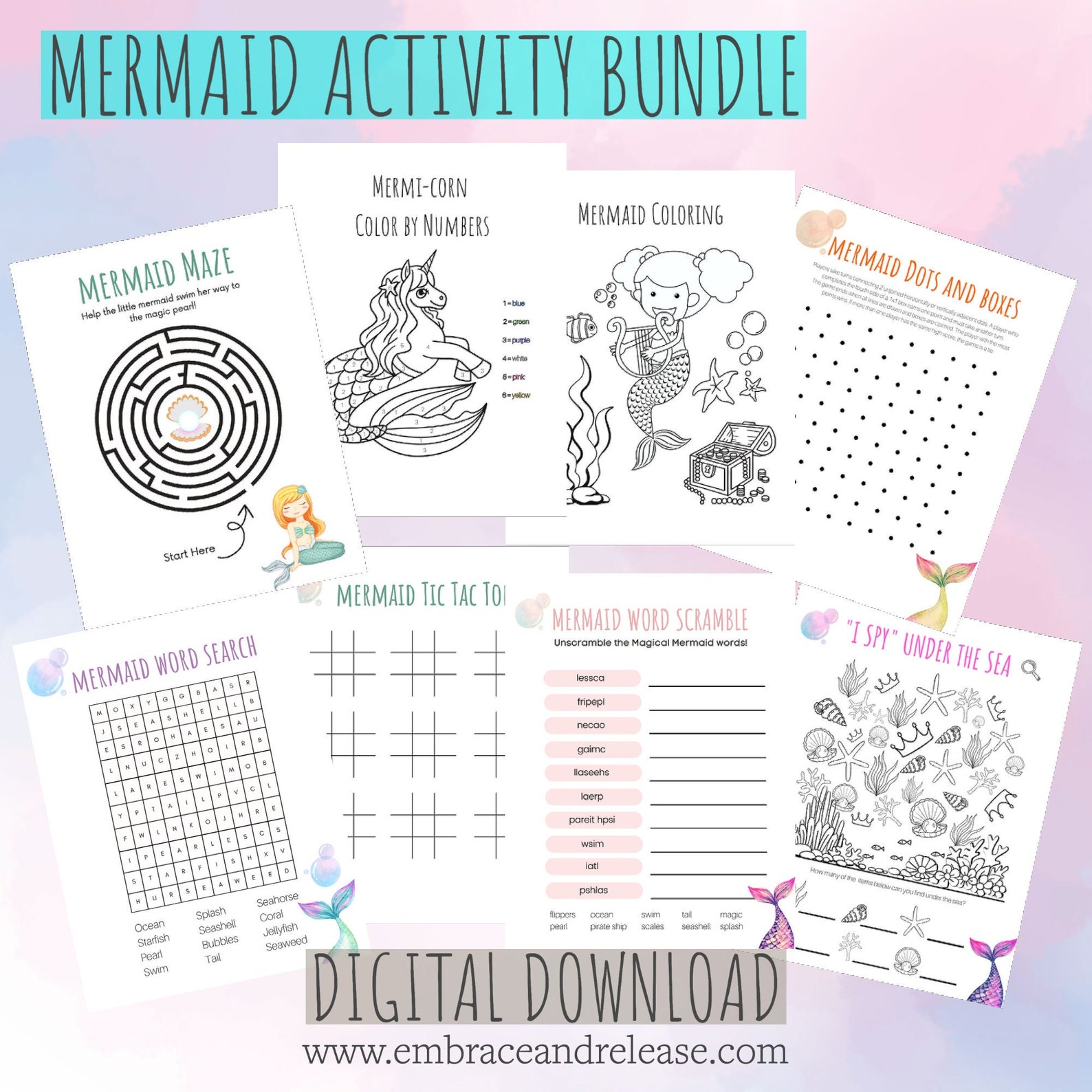 Mermaid Activity Bundle | Coloring Pages | Games | Printable - Etsy