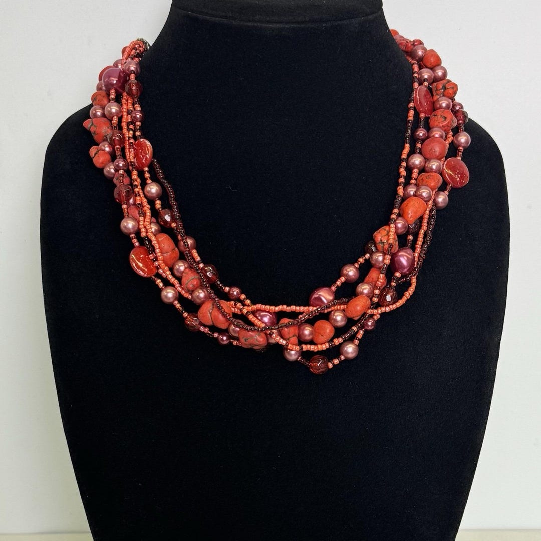 Esmor Signed - Multistrand Red Tones Beaded 21" Necklace Seed Beads VTG ...