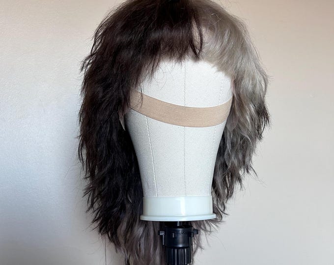 Shaggy Mullet Wolf Cut Wig 18 Human Hair Wig Two-tone Black & Grey Lace ...