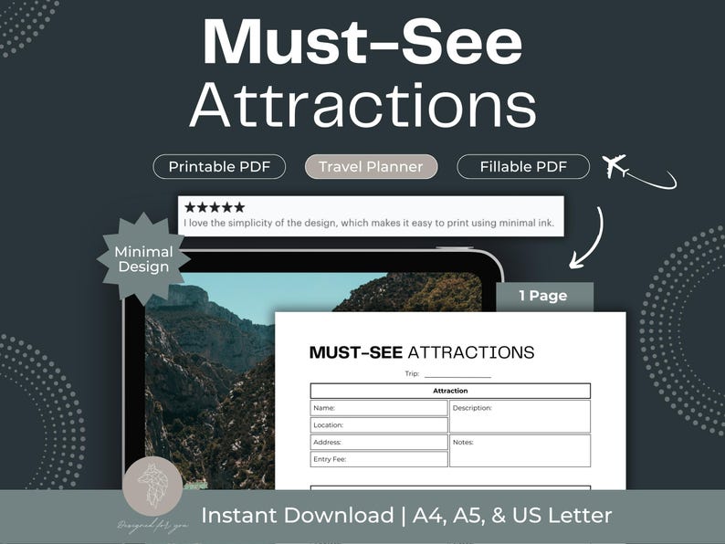 Must-see Attractions Travel Planner, Fillable PDF (A4, A5, Letter) - Etsy