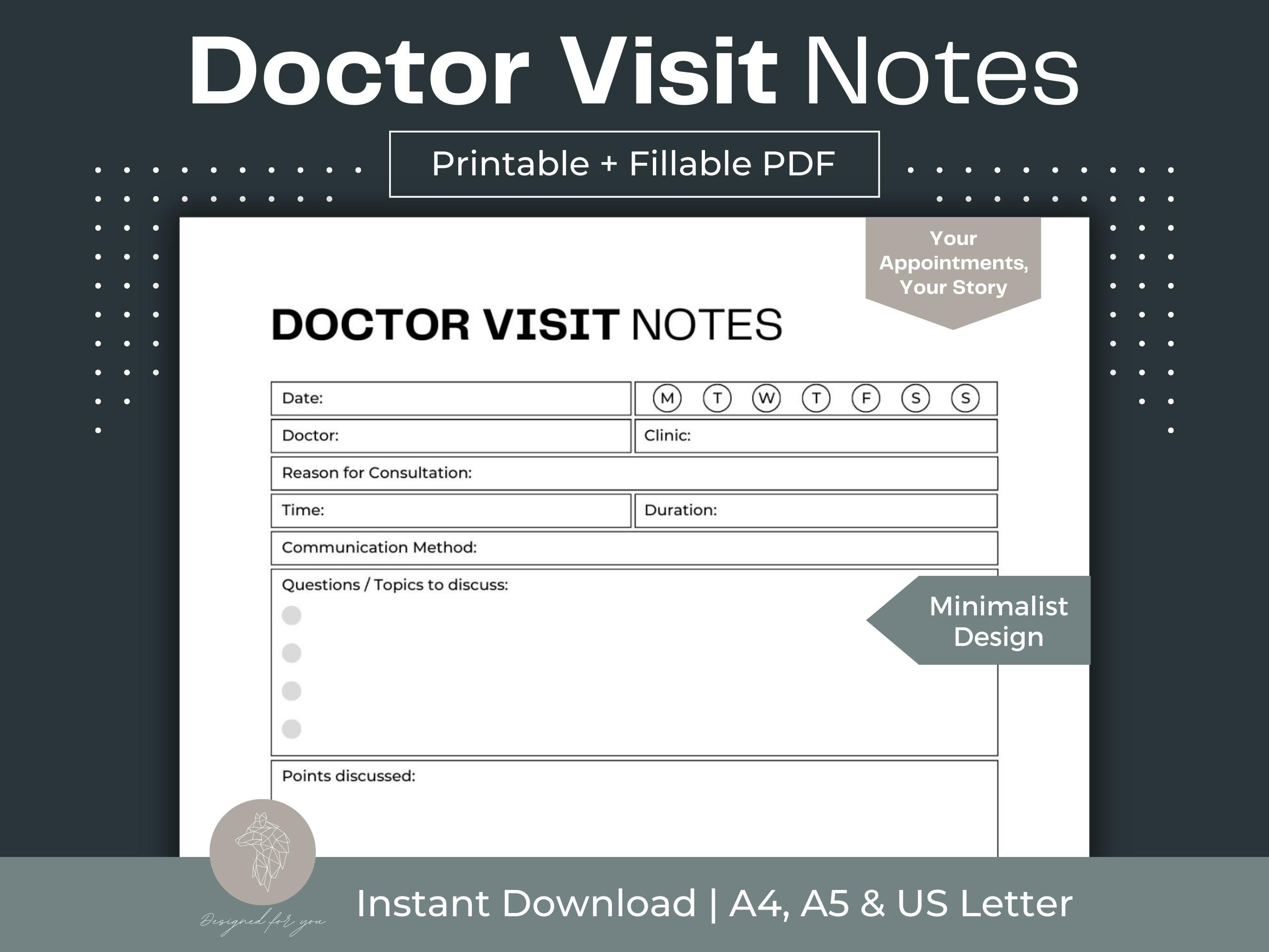 Doctor Visit Notes Printable Doctor Appointment Log Fillable PDF for ...