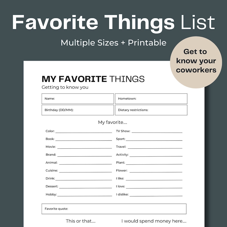 Favorite Things List Get to Know You Questions All About Me - Etsy
