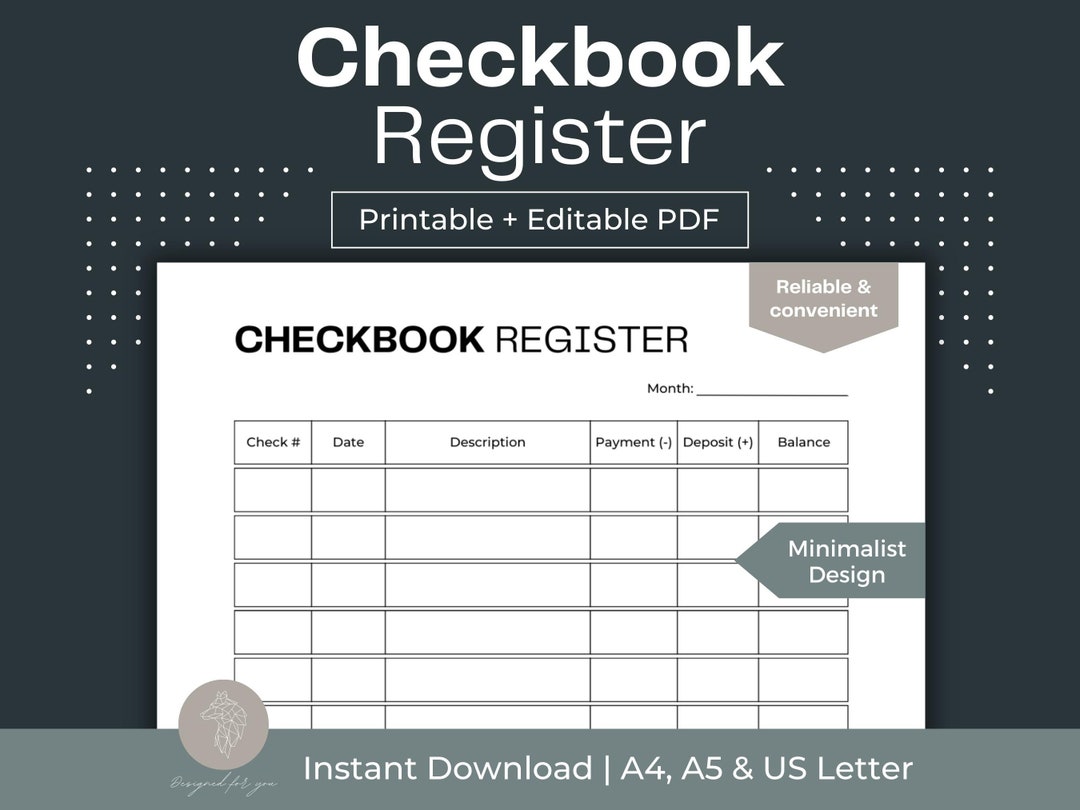 Checkbook Register Printable Transaction Log Fillable PDF Expense ...