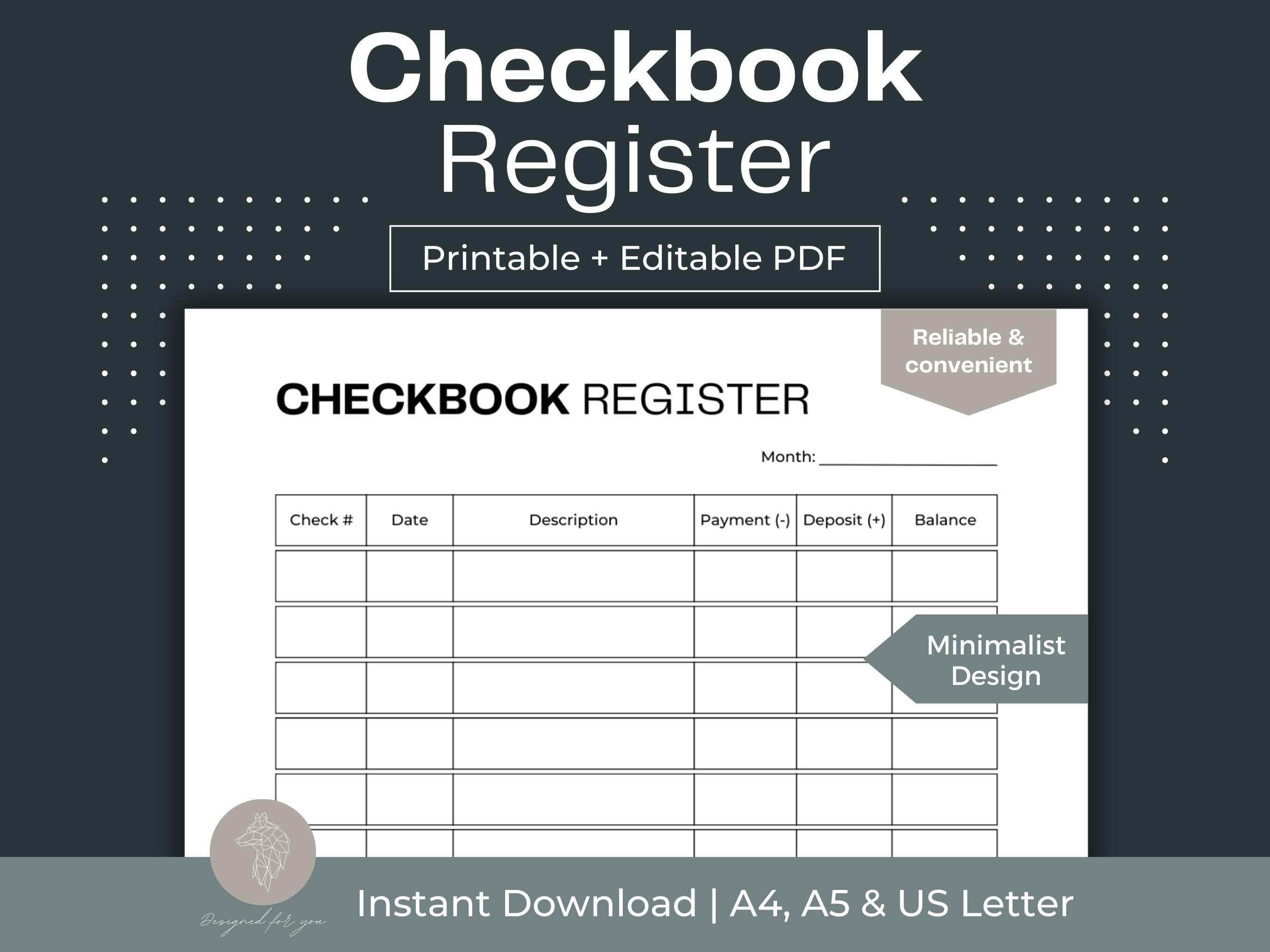 Checkbook Register Printable Transaction Log Fillable PDF Expense ...