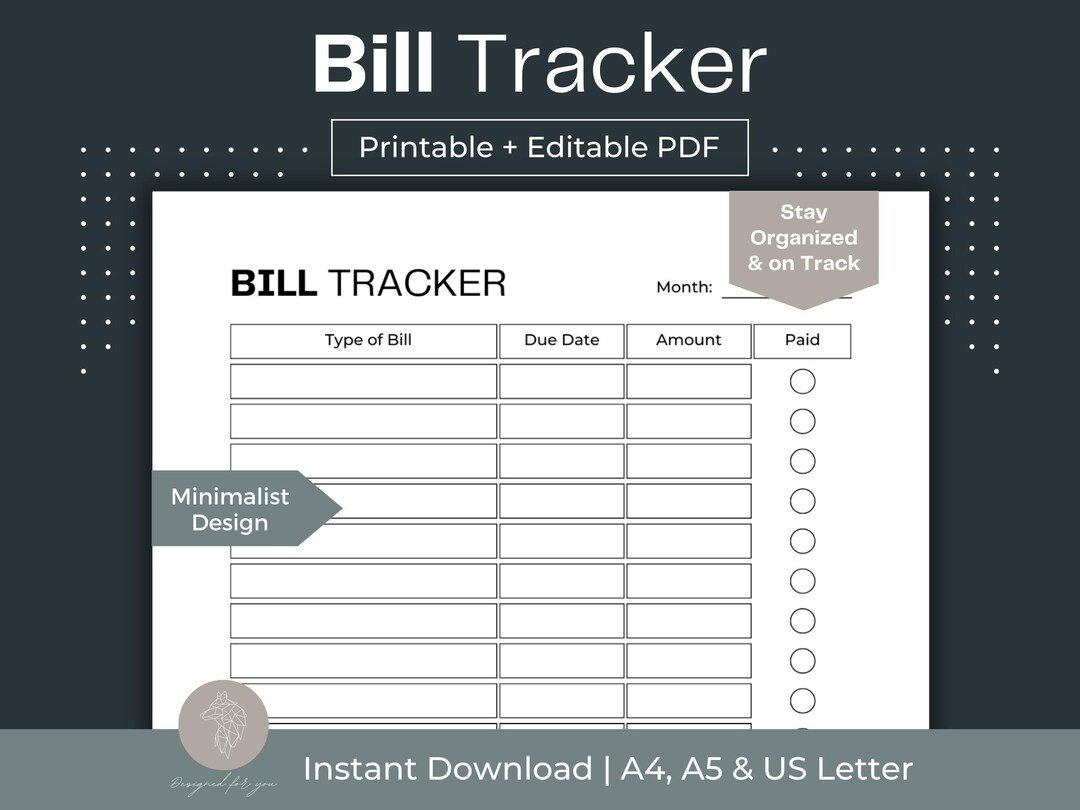 Bill Payment Tracker Printable, Fillable PDF (A4, A5, Letter) - Etsy