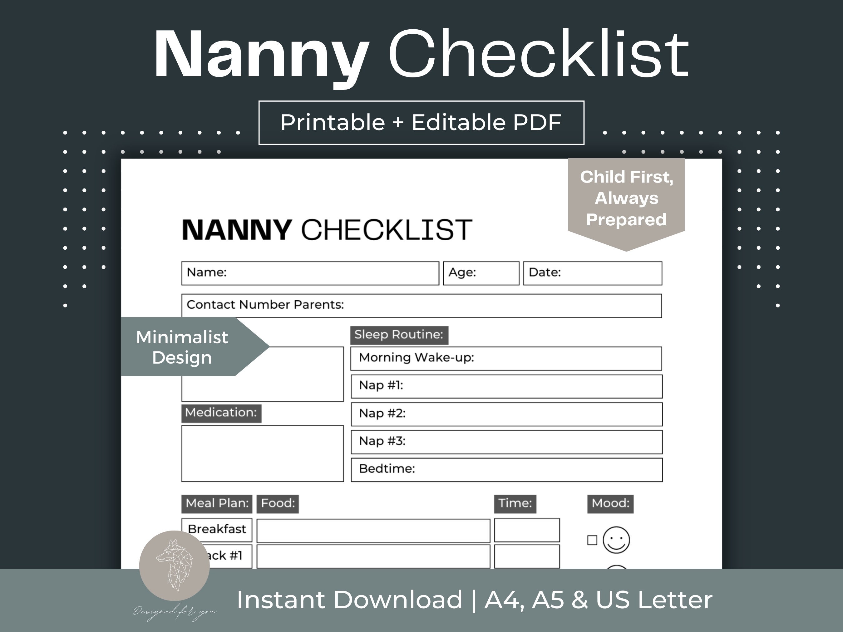 Nanny Checklist Printable Nanny Schedule Fillable PDF Babysitter Info ...
