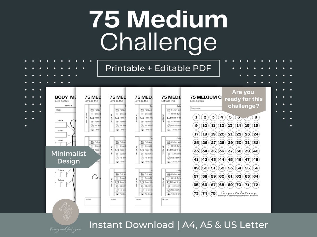 75 Medium Challenge Tracker Printable Fitness Goals Planner Fillable ...