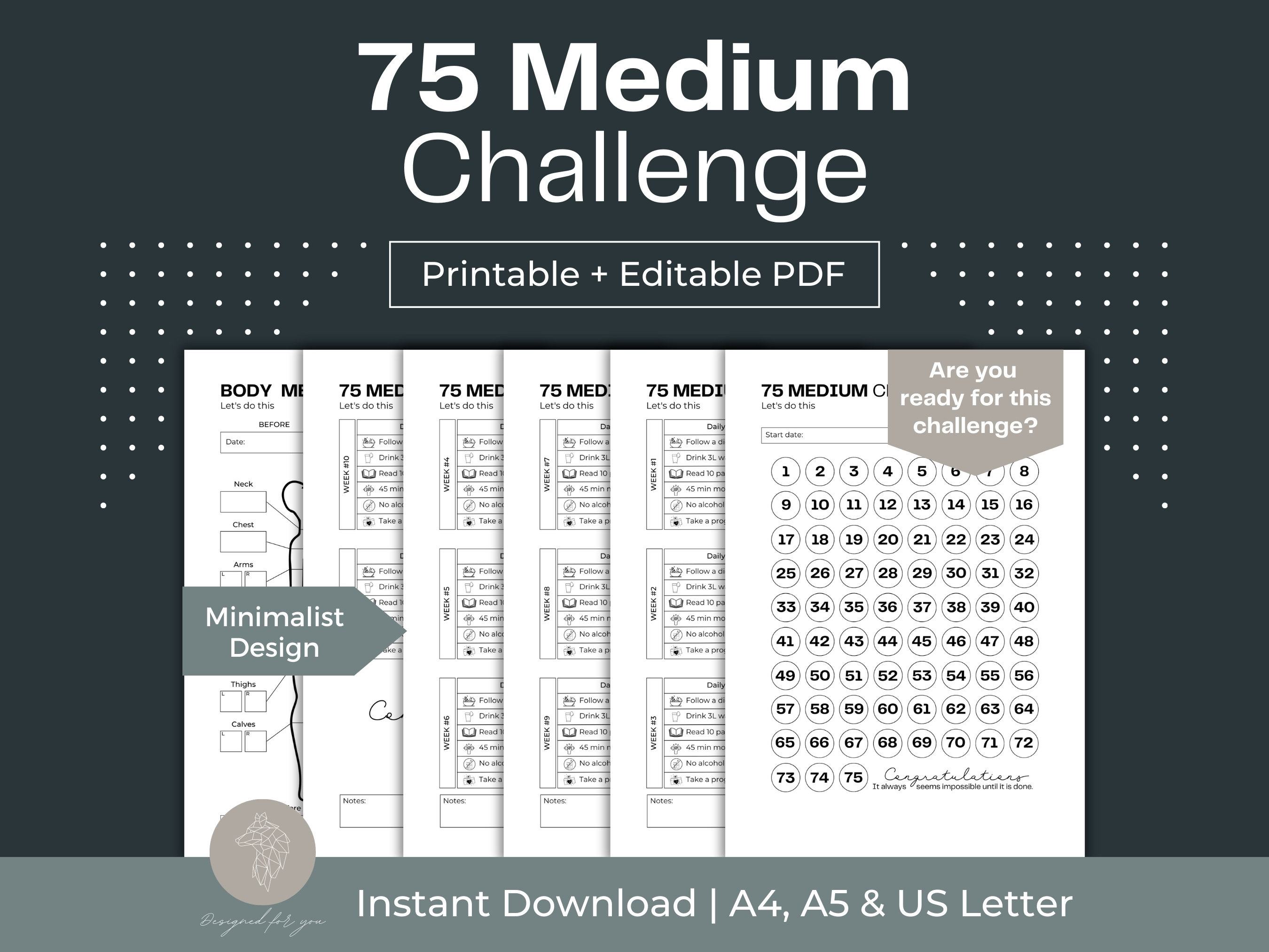 75 Medium Challenge Tracker Printable Fitness Goals Planner - Etsy