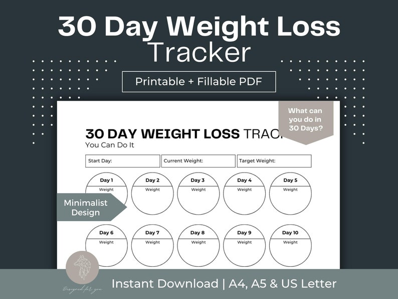30 Day Weight Loss Tracker Printable 30 Day Challenge Tracker Fillable ...