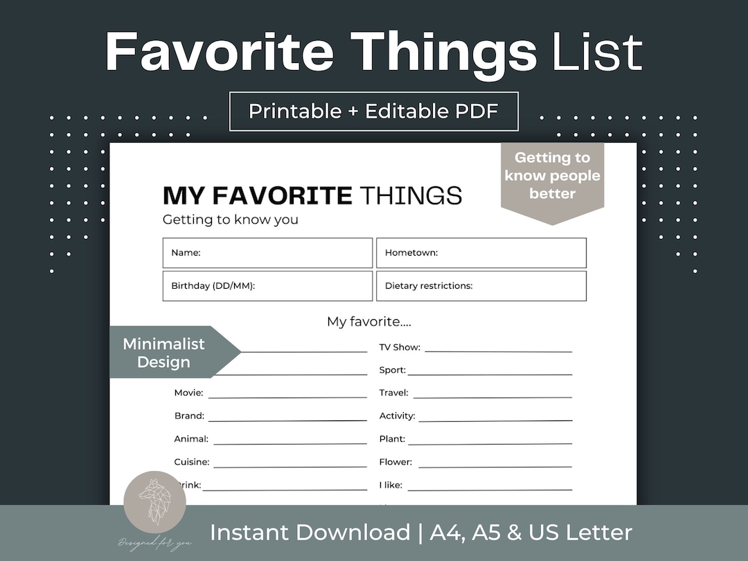 Favorite Things List Get to Know You Questions All About Me Survey ...